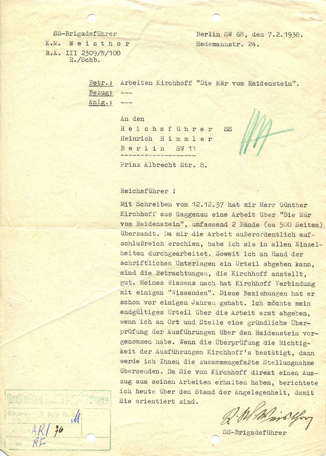 Lot 1353 - [NAZI OCCULT]: WILIGUT CARL MARIA: