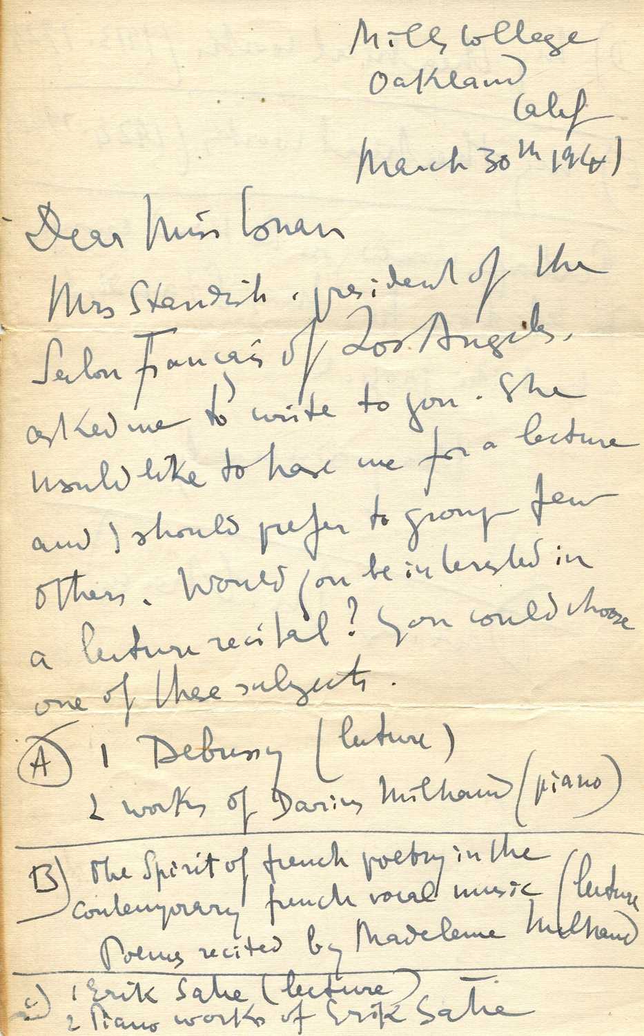 Lot 707 - MILHAUD DARIUS: (1892-1974)